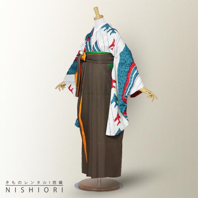 二尺袖 着物 袴 レンタル 貸衣装 modern antenna 青 白 紺 緑 茶 ブラウン ストライプ 刺繍 袴 M サイズ 小学生 対応 ブーツ選択可