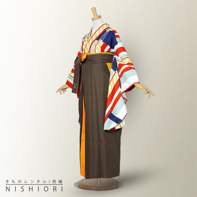 二尺袖 着物 袴 レンタル 貸衣装 modern antenna 青 白 紺 緑 茶 ブラウン ストライプ 刺繍 袴 M サイズ 小学生 対応 ブーツ選択可