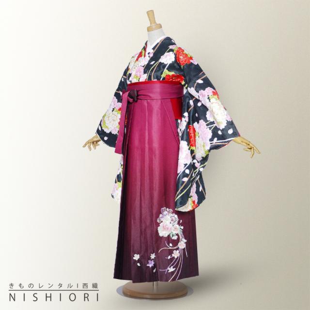 二尺袖 着物 袴 レンタル 貸衣装 夢千代 黒 ワイン 刺繍 袴 S M サイズ 小学生 対応 ブーツ選択可