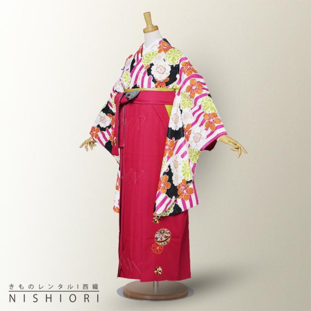 二尺袖 着物 袴 レンタル 貸衣装 紅一点×九重 白 黒 ストライプ エンジ 赤 無地 袴 S サイズ 小学生 対応 ブーツ選択可