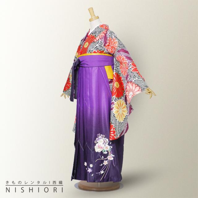 二尺袖 着物 袴 レンタル 貸衣装 鹿の子 紫 刺繍 袴 S M サイズ 小学生 対応 ブーツ選択可