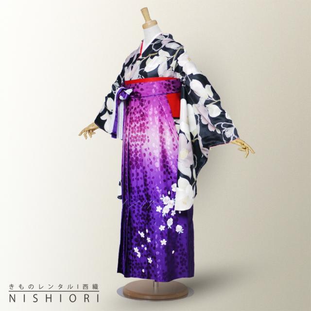 二尺袖 着物 袴 レンタル 貸衣装 Club HL×HL 黒 花 紫 ワイン 刺繍 袴 S M サイズ 小学生 対応 ブーツ選択可