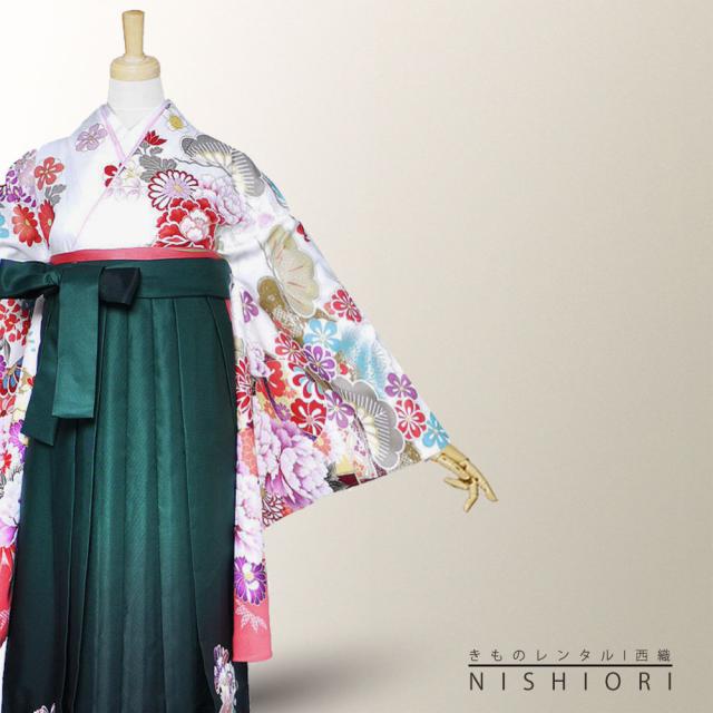 二尺袖 着物 袴 レンタル 貸衣装 From Kyoto 白 松 緑 刺繍 袴 S M サイズ 小学生 対応 ブーツ選択可 二尺袖 着物 袴 レンタル 貸衣装 From Kyoto 白 松 緑 刺繍 袴 S M