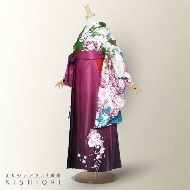 二尺袖 着物 袴 レンタル 貸衣装 From Kyoto 緑 ワイン 刺繍 袴 S M サイズ 小学生 対応 ブーツ選択可