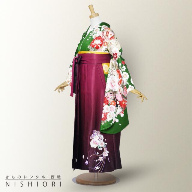 二尺袖 着物 袴 レンタル 貸衣装 From Kyoto 緑 ワイン 刺繍 袴 S M サイズ 小学生 対応 ブーツ選択可