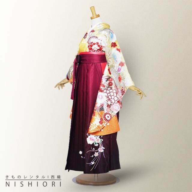 二尺袖 着物 袴 レンタル 貸衣装 From Kyoto クリーム オレンジ ワイン 刺繍 袴 S M サイズ 小学生 対応 ブーツ選択可