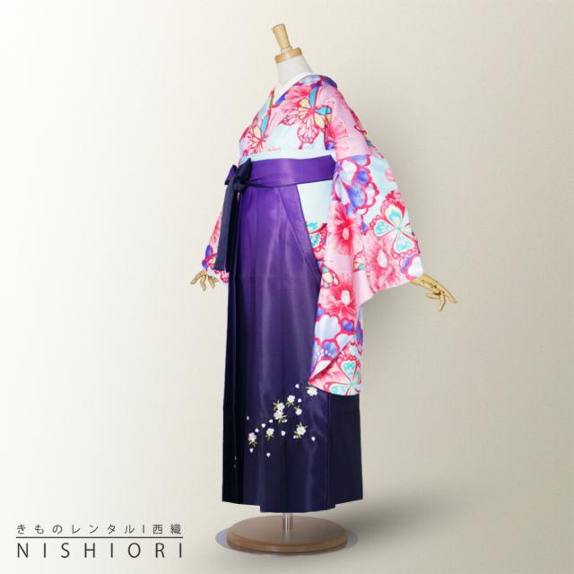 二尺袖 着物 袴 レンタル 貸衣装 水色 蝶 ピンク 袴 S Mサイズ 小学生 対応 ブーツ選択可