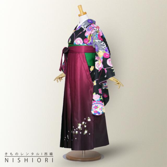 二尺袖 着物 袴 レンタル 貸衣装 袴 S Mサイズ 小学生 対応 黒 鞠 菊 桜 鹿の子 赤紫 ブーツ選択可