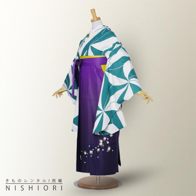 二尺袖 着物 袴 レンタル 貸衣装 袴 S Mサイズ 小学生 対応 緑 白 紫 刺繍 ブーツ選択可