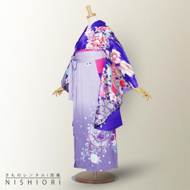 ブランド 二尺袖 着物 袴 レンタル anan 貸衣装 Sサイズ 小学生 対応可 青 紫 刺繍 ブーツ選択可