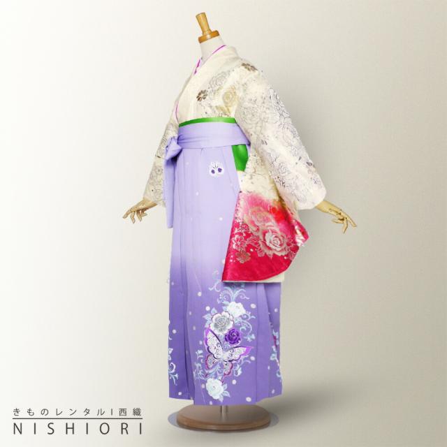 ブランド 二尺袖 着物 袴 レンタル PattiPatti 貸衣装 Mサイズ 小学生 対応可 ピ白 紫 刺繍 ブーツ選択可