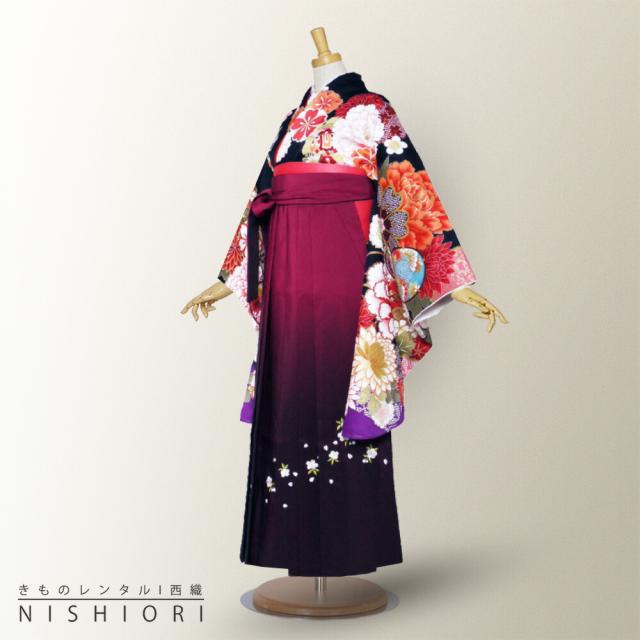 二尺袖 着物 袴 レンタル From KYOTO 貸衣装 Sサイズ Mサイズ Lサイズ 小学生 対応可 黒 牡丹 ワイン ブーツ選択可