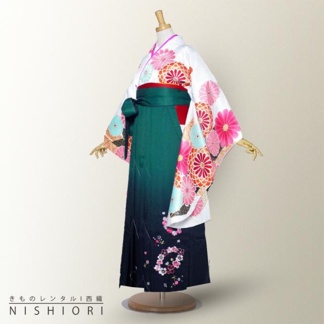 二尺袖 着物 袴 レンタル From KYOTO 貸衣装 Mサイズ 小学生 対応可 白 菊 緑 ブーツ選択可
