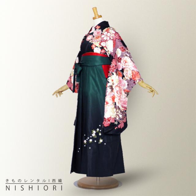 二尺袖 着物 袴 レンタル From KYOTO 貸衣装 Sサイズ Mサイズ Lサイズ 小学生 対応可 黒 牡丹 緑 ブーツ選択可