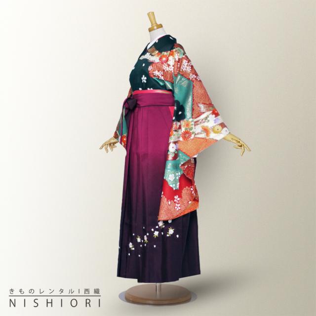 二尺袖 着物 袴 レンタル From KYOTO 貸衣装 Sサイズ Mサイズ Lサイズ 小学生 対応可 濃緑 柄 ワイングラデーション ブーツ選択可