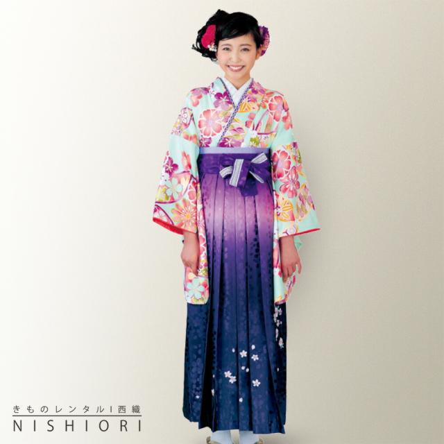 二尺袖着物 袴 H Lブランド レンタル 貸衣装 Mサイズ 小学生 対応可 水色 桜 紫 ブーツ選択可