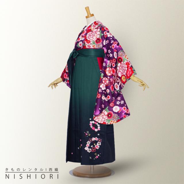 二尺袖 着物 袴 レンタル 貸衣装 Mサイズ 小学生 対応可 紫 小花 緑 ブーツ選択可