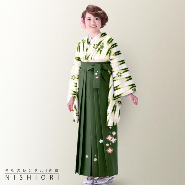 二尺袖着物 刺繍袴 レンタル 貸衣装 Mサイズ 小学生 対応可 緑 矢絣 ブーツ選択可