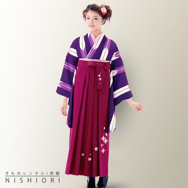 二尺袖着物 刺繍袴 レンタル 貸衣装 Mサイズ 小学生 対応可 紫 ピンク 大矢絣 ブーツ選択可