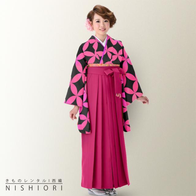 二尺袖着物 刺繍袴 レンタル 貸衣装 Mサイズ 小学生 対応可 黒 ピンク 七宝 ねじり梅 ブーツ選択可