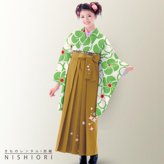 二尺袖着物 刺繍袴 レンタル 貸衣装 Mサイズ 小学生 対応可 黄緑 ねじり梅 ブーツ選択可