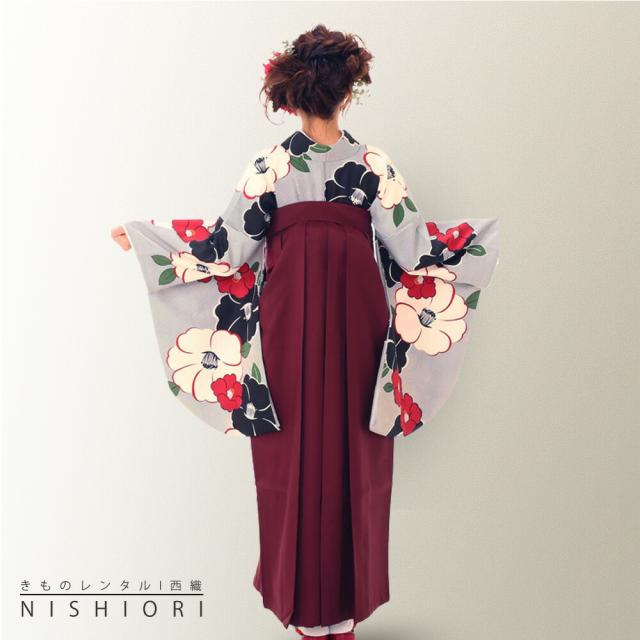 二尺袖 着物 袴 レンタル 貸衣装 Mサイズ 小学生 対応可 灰色 椿