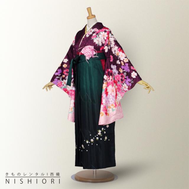 二尺袖 着物 袴 レンタル 貸衣装 LLサイズ 紫 パープル 緑 グリーン 刺繍 ブーツ選択可