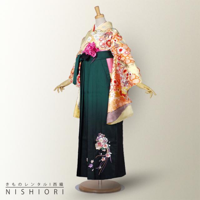二尺袖 着物 袴 レンタル 貸衣装 LLサイズ 黄色 イエロー 緑 グリーン 刺繍 ブーツ選択可