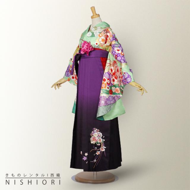 二尺袖 着物 袴 レンタル 貸衣装 LLサイズ 緑 グリーン 紫 パープル 刺繍 ブーツ選択可
