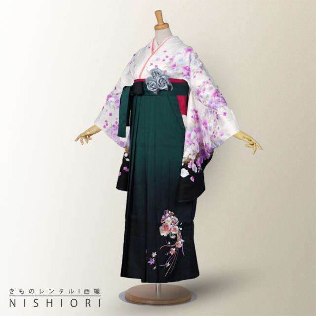 二尺袖 着物 袴 レンタル 貸衣装 LLサイズ 白 ホワイト 緑 グリーン 刺繍 ブーツ選択可