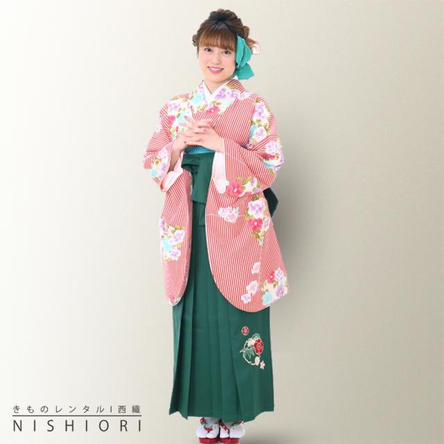 二尺袖 着物 袴 レンタル 貸衣装 Mサイズ 小学生 対応可 赤 細縞 椿 緑 ブーツ選択可
