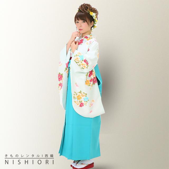 二尺袖 着物 袴 レンタル 貸衣装 Mサイズ 小学生 対応可 水色 細縞ストライプ 椿 ブーツ選択可