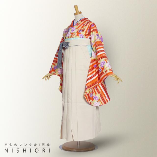 二尺袖 袴 レンタル ひさかたろまん ブランド 着物 貸衣装 SサイズMサイズ 小学生 対応可 縞模様 オレンジ 牡丹 クリーム ブーツ選択可