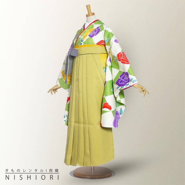 二尺袖 袴 レンタル ひさかたろまん ブランド 着物 貸衣装 SサイズMサイズ 小学生 対応可 黄緑 ダイヤ 薔薇 黄緑 ブーツ選択可