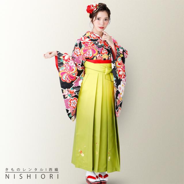 和遊日 二尺袖 着物 袴 レンタル 貸衣装 Sサイズ 小学生 対応可 ぼかし 黄緑 黒 ブーツ選択可