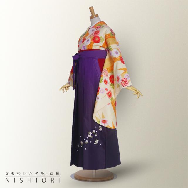 二尺袖 着物 袴 レンタル 貸衣装 Mサイズ 白 クリーム 矢羽 矢絣 紫 ぼかし 刺繍 ブーツ選択可