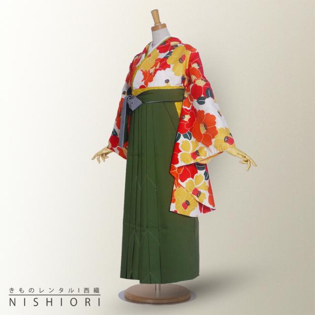 二尺袖 着物 袴 レンタル 貸衣装 Mサイズ 白 椿 オレンジ 赤 緑 無地 ブーツ選択可
