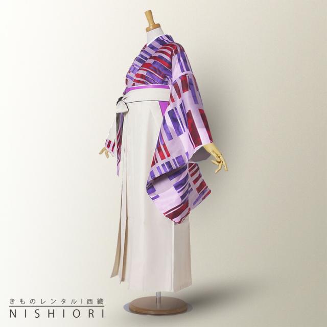 二尺袖 着物 袴 レンタル 貸衣装 ジュニア Sサイズ Mサイズ 紫 幾何学模様 ブーツ選択可