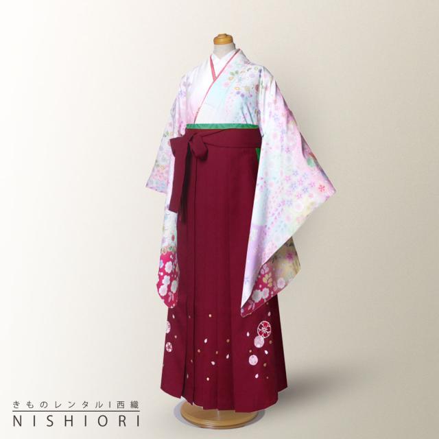 ジュニアサイズ 絵羽柄 二尺袖 着物 袴 レンタル 往復貸衣装 卒業式 ジュニア 小学生 対応可 白 ピンク 小花 ブーツ選択可