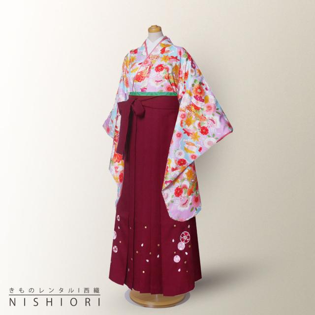 ジュニアサイズ 二尺袖 着物 袴 レンタル 往復貸衣装 卒業式 ジュニア 小学生 対応可 水色 松竹梅 ブーツ選択可