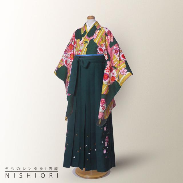 ジュニアサイズ 絵羽柄 二尺袖 着物 袴 レンタル 往復貸衣装 卒業式 ジュニア 小学生 対応可 緑 金 菊 ブーツ選択可