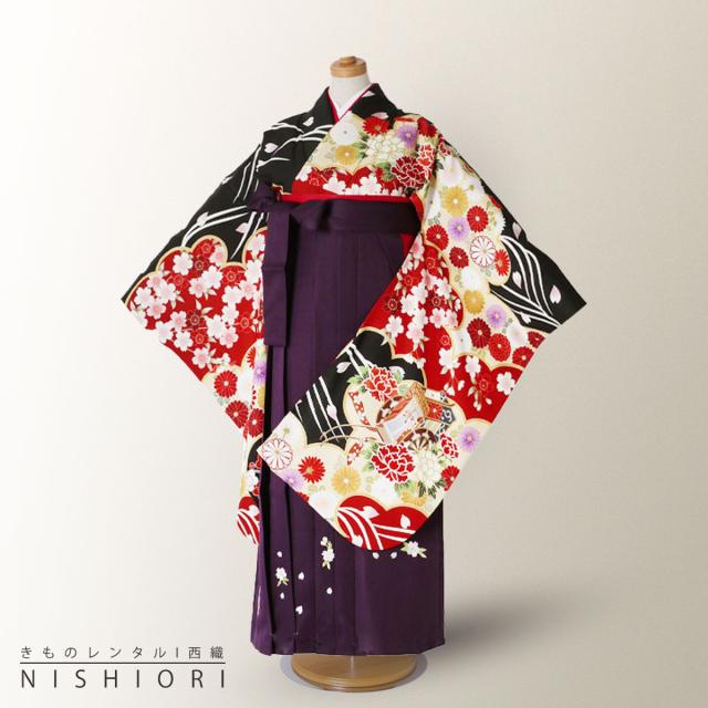 ジュニアサイズ 絵羽柄 二尺袖 着物 袴 レンタル 往復貸衣装 卒業式 ジュニア 小学生 対応可 黒 金 桜 花弁 梅 菊 ブーツ選択可