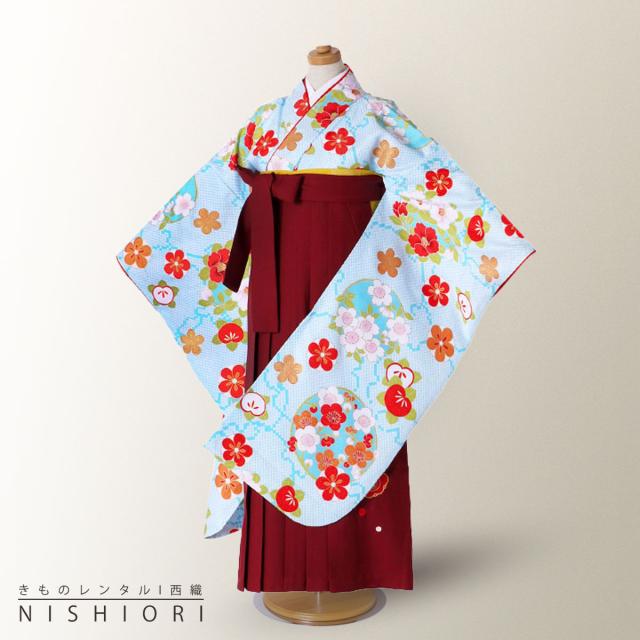 ジュニア 二尺袖 着物 袴 レンタル 花ひめブランド 往復十三参り 卒業式 貸衣装 小学生 水色 鹿の子柄 赤 ブーツ選択可
