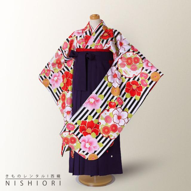 ジュニア 二尺袖 着物 袴 レンタル 花ひめブランド 往復十三参り 卒業式 貸衣装 小学生 白黒 ストライプ 椿 紫 ブーツ選択可
