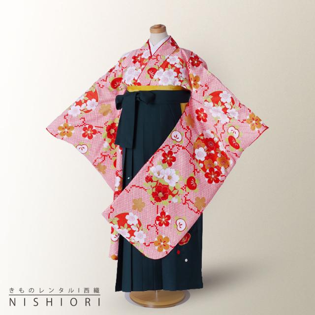 ジュニア 二尺袖 着物 袴 レンタル 花ひめブランド 往復十三参り 卒業式 貸衣装 小学生 朱色 鹿の子柄 深緑 ブーツ選択可