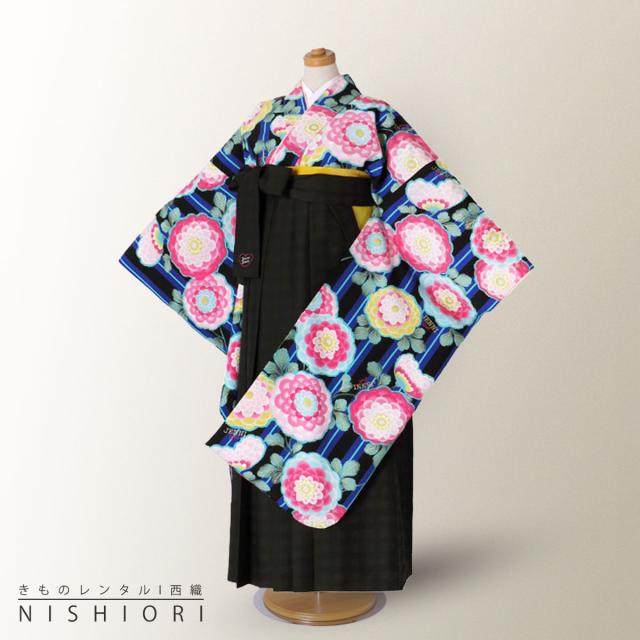 ジュニア 二尺袖 着物 袴 レンタル JENNI love ブランド 往復十三参り 卒業式 貸衣装 小学生 青 黒 牡丹 ブーツ選択可