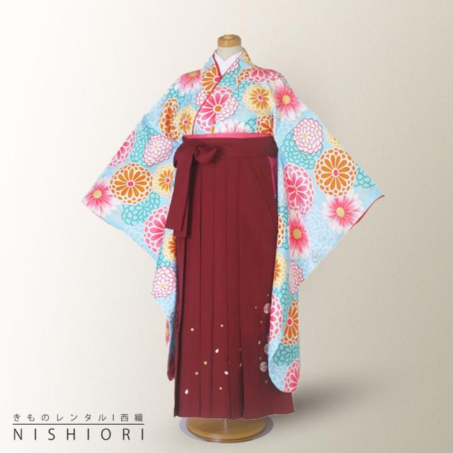 卒業式 二尺袖 ジュニア 着物 レンタル 小町kids 袴 往復十三参り 貸衣装 小学生 水色 ワイン 刺繍 ブーツ選択可