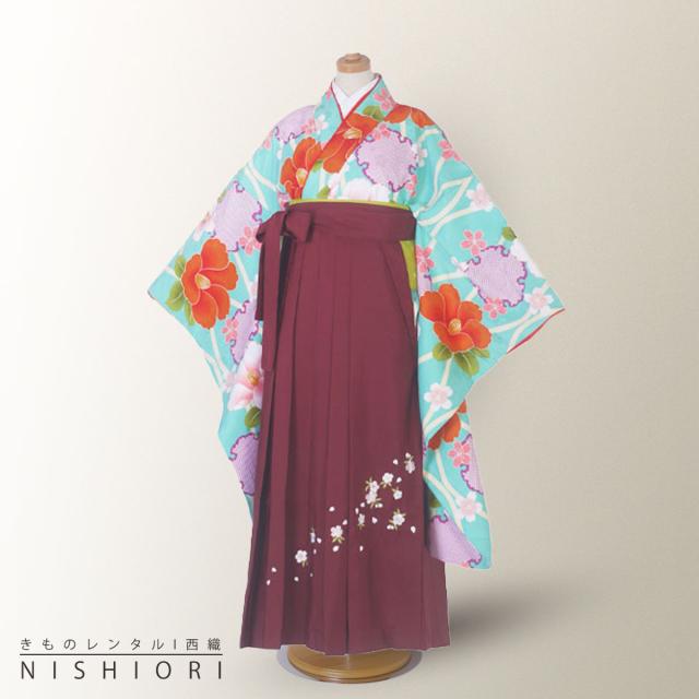 卒業式 二尺袖 ジュニア 着物 レンタル 袴 往復十三参り 貸衣装 小学生 水色 椿 エンジ 刺繍 無地 ブーツ選択可