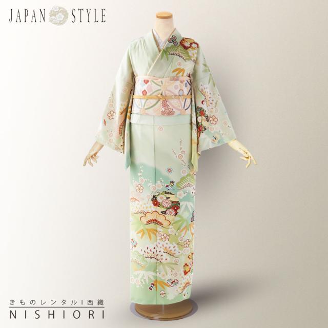 訪問着 レンタル 着物 貸衣装 フルセット JAPAN STYLE ブランド 薄緑 黄緑 松竹梅No.0072