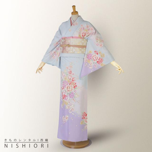訪問着 レンタル 着物 貸衣装 フルセット 水色 紫 ラベンダー 薔薇No.0075